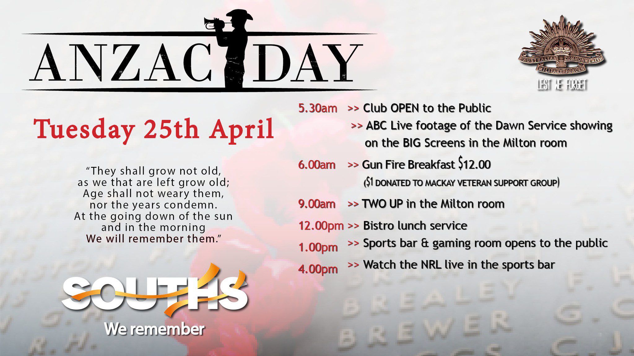 Whats on - ANZAC Day @ Souths Leagues Club | Mackay