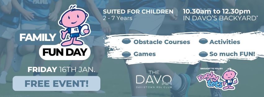 Whats on - Rugby Tots - Family Fun Day @ Davistown RSL